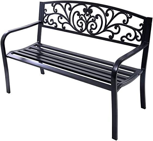 Tangkula Outdoor Steel Garden Bench Park Bench, 50 Inch Patio Park Bench Chair with Heavy-Duty Steel Frame, Outdoor Welcome Bench with Casted Pattern, Ideal for Yard Porch Balcony Garden Park