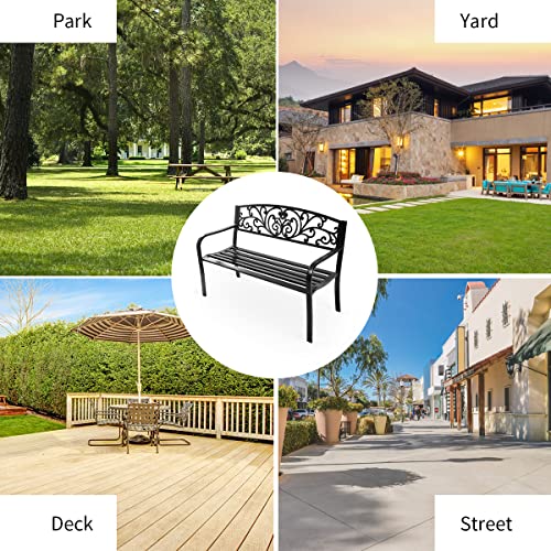 Tangkula Outdoor Steel Garden Bench Park Bench, 50 Inch Patio Park Bench Chair with Heavy-Duty Steel Frame, Outdoor Welcome Bench with Casted Pattern, Ideal for Yard Porch Balcony Garden Park