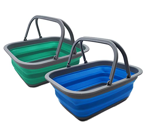 SAMMART 9.2L (2.37Gallon) Collapsible Tub with Handle - Portable Outdoor Picnic Basket/Crater - Foldable Shopping Bag - Space Saving Storage Container (Bluish-Green & Blue, 2)