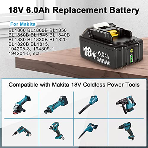 APTOOLER 2 Pack 6.0Ah BL1860B Battery with DC18RC Charger Compatible with Makita 18V Battery BL1860 BL1850 BL1850B BL1840 BL1840B BL1830 BL1830B BL1815B LXT400 18-Volt Power Tools Batteries