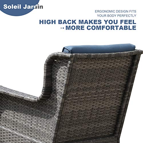 Soleil Jardin Outdoor Resin Wicker Rocking Chair with Cushions, Patio Yard Furniture Club Rocker Chair, Gray Wicker & Navy Cushions,Set of 2