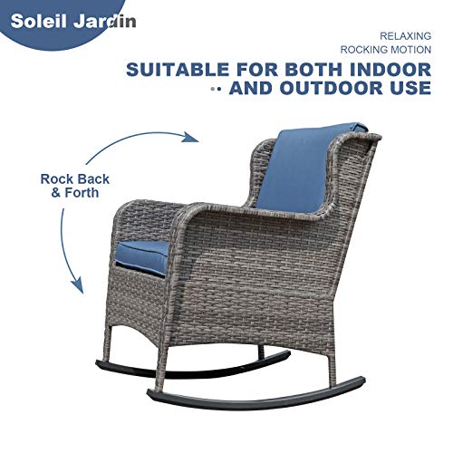 Soleil Jardin Outdoor Resin Wicker Rocking Chair with Cushions, Patio Yard Furniture Club Rocker Chair, Gray Wicker & Navy Cushions,Set of 2