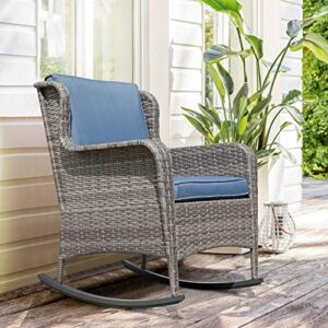 Soleil Jardin Outdoor Resin Wicker Rocking Chair with Cushions, Patio Yard Furniture Club Rocker Chair, Gray Wicker & Navy Cushions,Set of 2