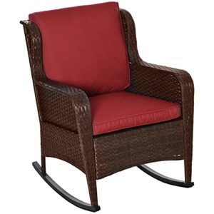 outsunny outdoor wicker rocking chair w/wide seat, thickened cushion, rattan rocker with steel frame, high weight capacity for patio, garden, backyard, wine red