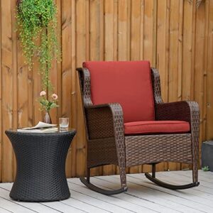 Outsunny Outdoor Wicker Rocking Chair w/Wide Seat, Thickened Cushion, Rattan Rocker with Steel Frame, High Weight Capacity for Patio, Garden, Backyard, Wine Red