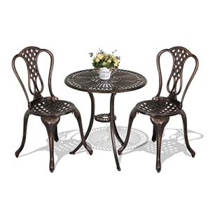 joivi 3 piece patio bistro set, cast aluminum outdoor conversation set, garden table and chairs with umbrella hole for backyard, lattice design antique bronze