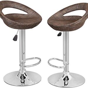 SUPER DEAL Adjustable Pub Wicker Barstool ALL Weather Patio Bar Stool Indoor/Outdoor w/Gas Lift 25-34 inch, Open Back and Chrome Steel Footrest