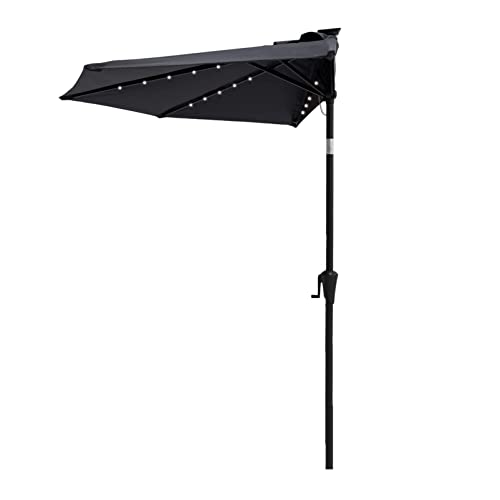 FLAME&SHADE 9 ft Half Round Solar Powered Outdoor Market Patio Table Umbrella for Wall Balcony with LED Lights and Tilt, Anthracite