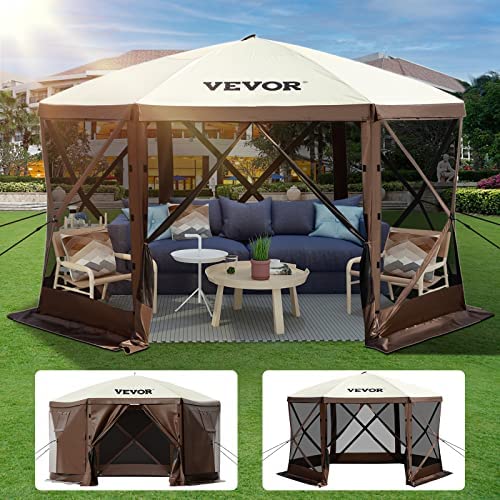 VEVOR 12x12ft Camping Gazebo Screen Tent, 6 Sided Pop-up Canopy Shelter Tent with Mesh Windows, Portable Carry Bag, Stakes, Large Shade Tents for Outdoor Camping, Lawn and Backyard