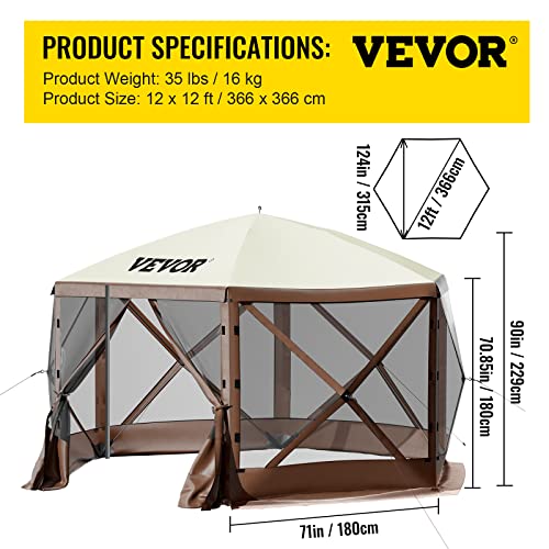 VEVOR 12x12ft Camping Gazebo Screen Tent, 6 Sided Pop-up Canopy Shelter Tent with Mesh Windows, Portable Carry Bag, Stakes, Large Shade Tents for Outdoor Camping, Lawn and Backyard