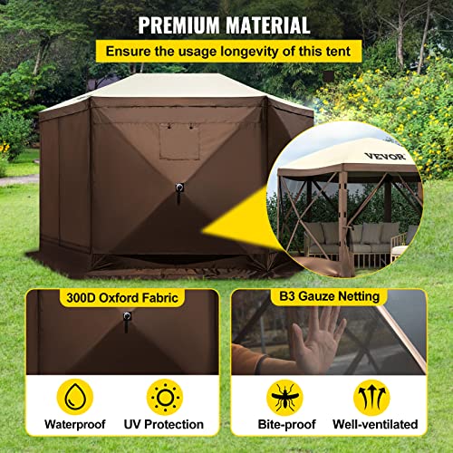 VEVOR 12x12ft Camping Gazebo Screen Tent, 6 Sided Pop-up Canopy Shelter Tent with Mesh Windows, Portable Carry Bag, Stakes, Large Shade Tents for Outdoor Camping, Lawn and Backyard