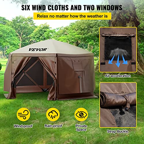 VEVOR 12x12ft Camping Gazebo Screen Tent, 6 Sided Pop-up Canopy Shelter Tent with Mesh Windows, Portable Carry Bag, Stakes, Large Shade Tents for Outdoor Camping, Lawn and Backyard