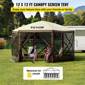 VEVOR 12x12ft Camping Gazebo Screen Tent, 6 Sided Pop-up Canopy Shelter Tent with Mesh Windows, Portable Carry Bag, Stakes, Large Shade Tents for Outdoor Camping, Lawn and Backyard