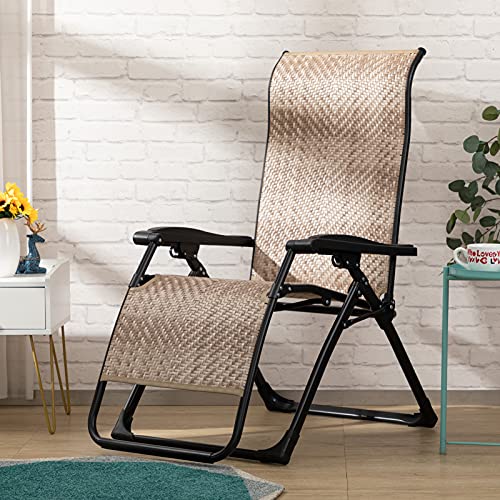 AbocoFur Rattan Folding Zero Gravity Chair with Lock for Adult, Indoor&Outdoor Adjustable Recliner with Steel Frame and Widened Armrest, Heavy Duty Lounge Chair for Patio, Balcony, Light Brown