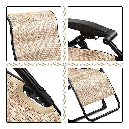 AbocoFur Rattan Folding Zero Gravity Chair with Lock for Adult, Indoor&Outdoor Adjustable Recliner with Steel Frame and Widened Armrest, Heavy Duty Lounge Chair for Patio, Balcony, Light Brown