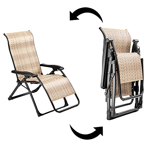 AbocoFur Rattan Folding Zero Gravity Chair with Lock for Adult, Indoor&Outdoor Adjustable Recliner with Steel Frame and Widened Armrest, Heavy Duty Lounge Chair for Patio, Balcony, Light Brown