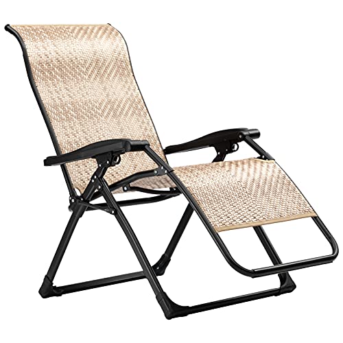 AbocoFur Rattan Folding Zero Gravity Chair with Lock for Adult, Indoor&Outdoor Adjustable Recliner with Steel Frame and Widened Armrest, Heavy Duty Lounge Chair for Patio, Balcony, Light Brown