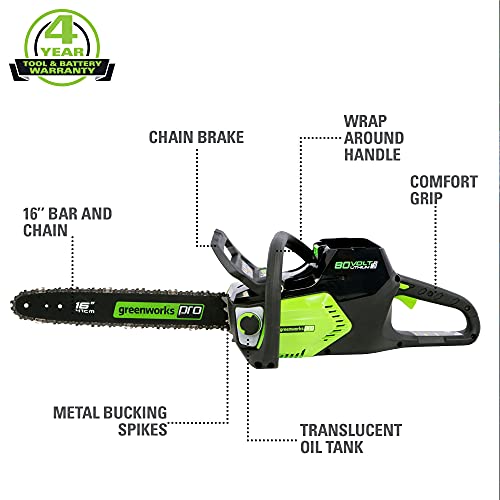 Greenworks Pro 80V 16" Brushless Cordless Chainsaw with 2.0Ah Battery & Charger Included (CS80L211)