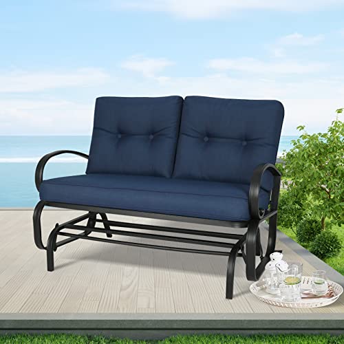 PATIO TREE Outdoor Patio Glider Bench Loveseat Outdoor Cushioned 2 Person Rocking Seating Patio Swing Chair, Navy