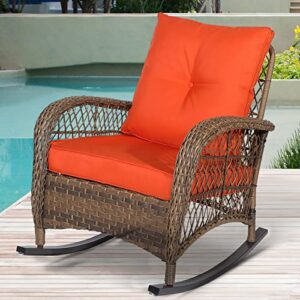 SOCIALCOMFY Outdoor Wicker Rocking Chair, Patio Rattan Rocker Chair with Steel Frame, Rocking Lawn Chair Patio Furniture, Light Brown Wicker & Orange Cushions