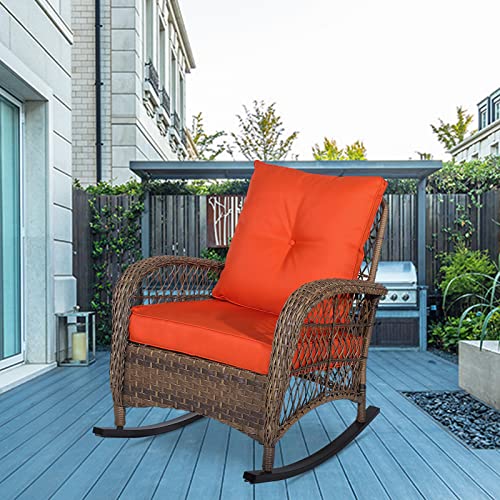 SOCIALCOMFY Outdoor Wicker Rocking Chair, Patio Rattan Rocker Chair with Steel Frame, Rocking Lawn Chair Patio Furniture, Light Brown Wicker & Orange Cushions