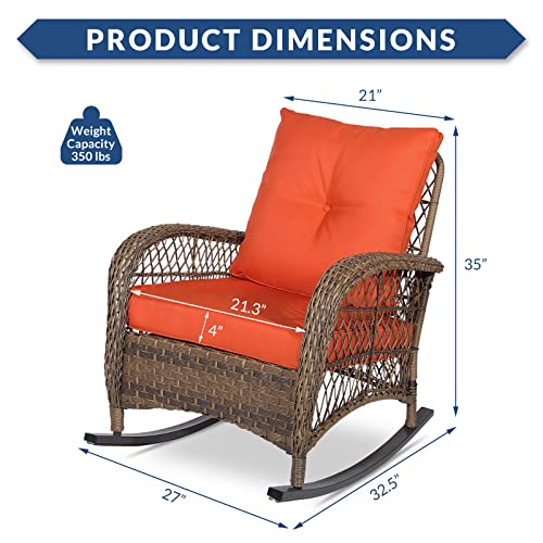 SOCIALCOMFY Outdoor Wicker Rocking Chair, Patio Rattan Rocker Chair with Steel Frame, Rocking Lawn Chair Patio Furniture, Light Brown Wicker & Orange Cushions