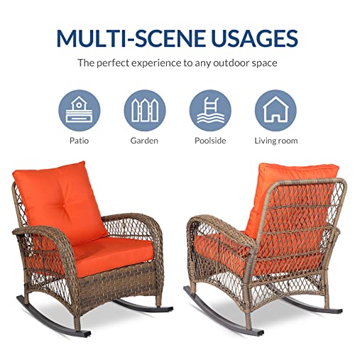 SOCIALCOMFY Outdoor Wicker Rocking Chair, Patio Rattan Rocker Chair with Steel Frame, Rocking Lawn Chair Patio Furniture, Light Brown Wicker & Orange Cushions