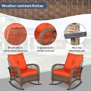 SOCIALCOMFY Outdoor Wicker Rocking Chair, Patio Rattan Rocker Chair with Steel Frame, Rocking Lawn Chair Patio Furniture, Light Brown Wicker & Orange Cushions