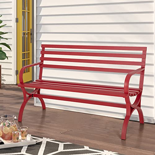 Sophia & William Outdoor Garden Bench Patio Park Bench, Metal Steel Frame Furniture with Backrest and Armrests for Porch Yard Lawn Deck, Red