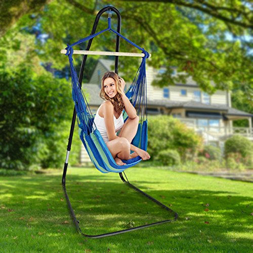 Sorbus Stylish Swing Chair w/Steel Stand- Fine Cotton Weave for Super Comfort & Durability- Hanging Hammock Chair w/2 Seat Cushions- Portable Outdoor Hanging Chair w/Hardware Kit - Indoor Outdoor Use