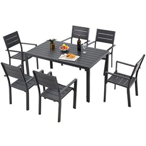 aecojoy 7 piece outdoor dining set, aluminum patio table and chairs set for 6 with rectangular table and stackable chairs for garden, backyard, black