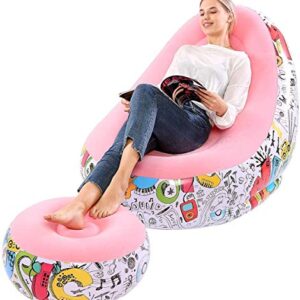 RITONS Inflatable Lounge Chair with Ottoman Blow Up Chaise Lounge Air Lazy Sofa Set Flocked Couch Portable Inflatable Seats for Lounge Inflatable Deck Chair for Indoor & Outdoor (Macaron Pink)