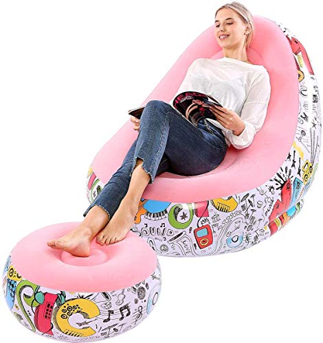 RITONS Inflatable Lounge Chair with Ottoman Blow Up Chaise Lounge Air Lazy Sofa Set Flocked Couch Portable Inflatable Seats for Lounge Inflatable Deck Chair for Indoor & Outdoor (Macaron Pink)