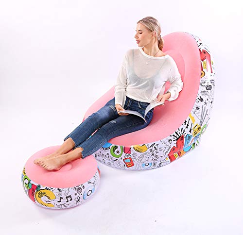 RITONS Inflatable Lounge Chair with Ottoman Blow Up Chaise Lounge Air Lazy Sofa Set Flocked Couch Portable Inflatable Seats for Lounge Inflatable Deck Chair for Indoor & Outdoor (Macaron Pink)