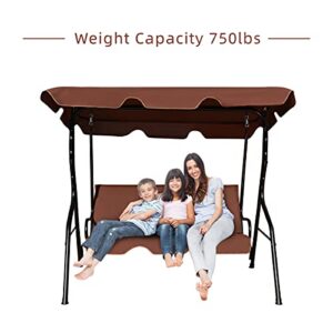 Tangkula 3 Person Porch Swing, Patio Swing with Removable Cushion & Powder-Coated Steel Frame, Outdoor Swing with Canopy for Porch, Backyard, Garden, Balcony (Coffee)