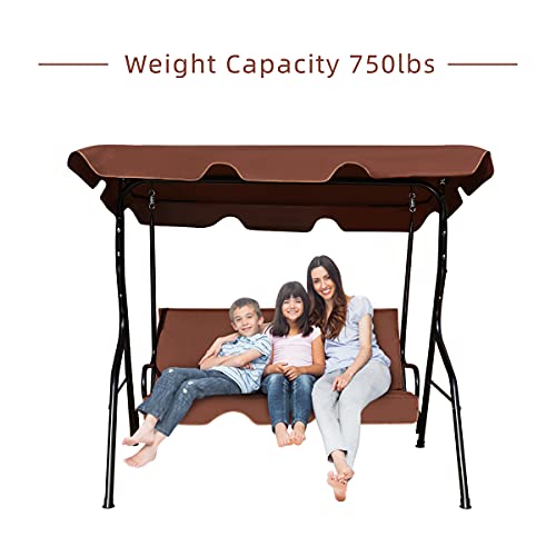 Tangkula 3 Person Porch Swing, Patio Swing with Removable Cushion & Powder-Coated Steel Frame, Outdoor Swing with Canopy for Porch, Backyard, Garden, Balcony (Coffee)