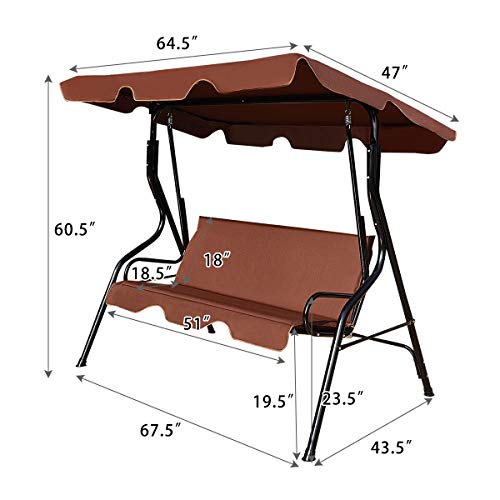 Tangkula 3 Person Porch Swing, Patio Swing with Removable Cushion & Powder-Coated Steel Frame, Outdoor Swing with Canopy for Porch, Backyard, Garden, Balcony (Coffee)