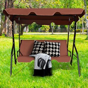 Tangkula 3 Person Porch Swing, Patio Swing with Removable Cushion & Powder-Coated Steel Frame, Outdoor Swing with Canopy for Porch, Backyard, Garden, Balcony (Coffee)