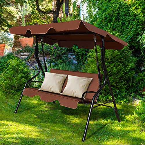 Tangkula 3 Person Porch Swing, Patio Swing with Removable Cushion & Powder-Coated Steel Frame, Outdoor Swing with Canopy for Porch, Backyard, Garden, Balcony (Coffee)