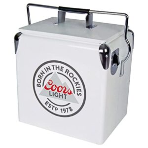 coors light retro ice chest cooler with bottle opener 13l (14 qt), 18 can capacity, white and silver, vintage style ice bucket for camping, beach, picnic, rv, bbqs, tailgating, fishing