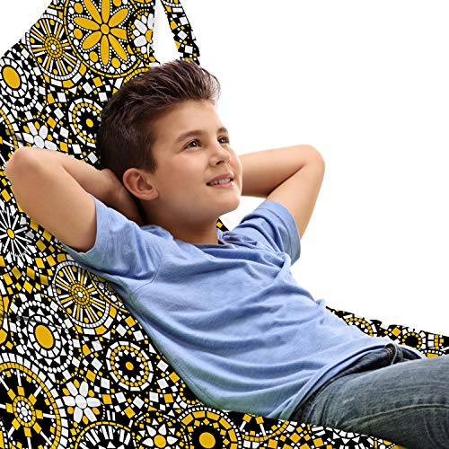 Lunarable Yellow Mandala Lounger Chair Bag, Moroccan Mosaic Style Artwork Geometric Details Dots Squares Circles, High Capacity Storage with Handle Container, Lounger Size, Yellow Black White