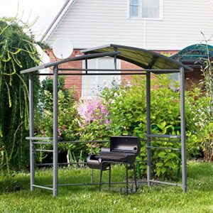 Outsunny 8x5ft Grill Gazebo Shelter with Interlaced Vented Polycarbonate Roof, Outdoor BBQ Gazebo with Side Shelves for Hanging Tools