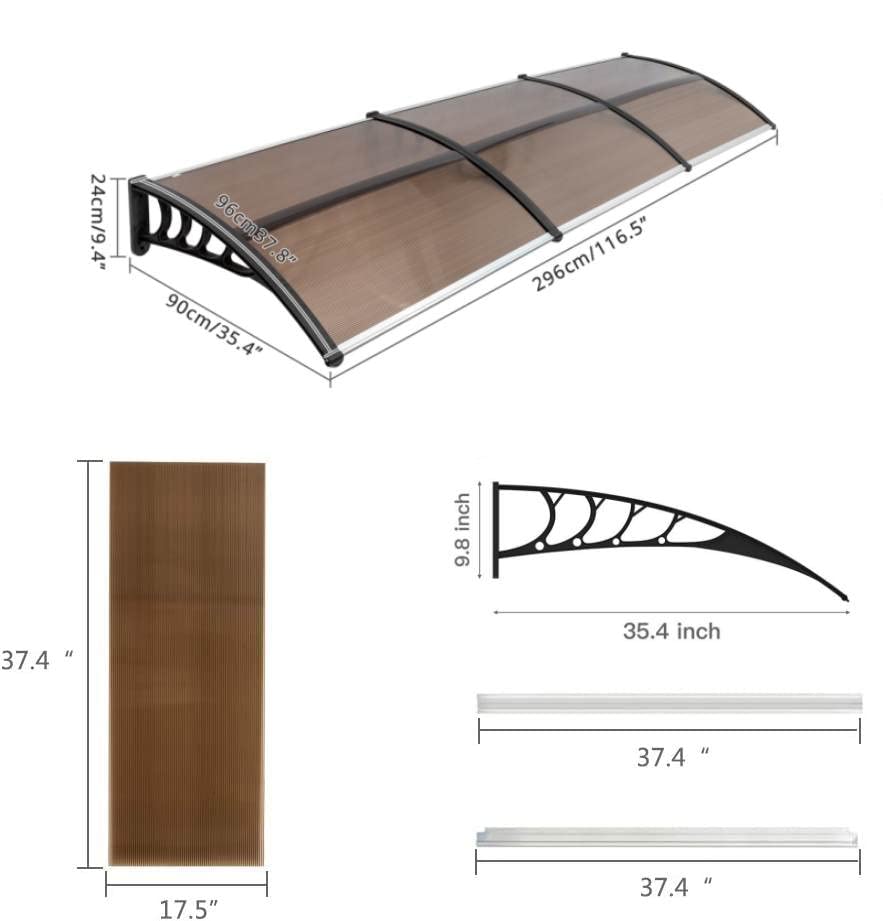 Simply-Me 40" x 120" Door Window Awning Polycarbonate Cover Front Door Outdoor Patio Awning Canopy UV Rain Snow Protection Hollow Sheet (Brown & Black)