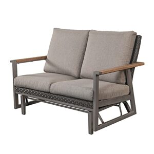 lokatse home patio glider rocking chair outdoor 2 person bench metal swing loveseat with faux wood armrest, wicker backrest and thick cushion, grey