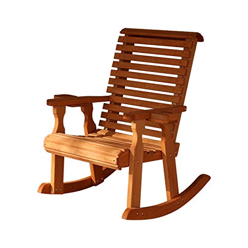 Amish Heavy Duty 600 Lb Roll Back Pressure Treated Rocking Chair with Cupholders (Cedar Stain)