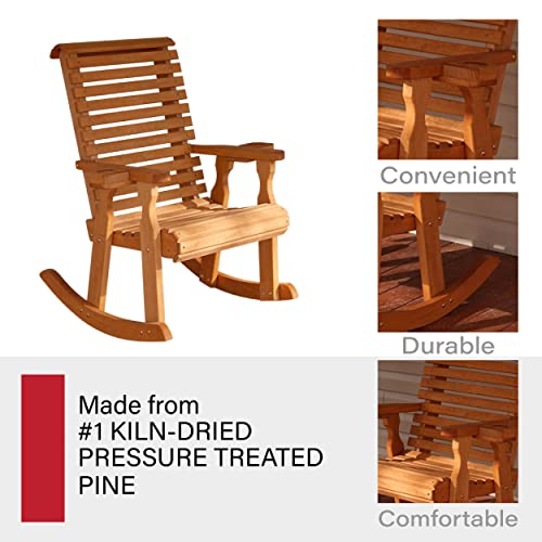 Amish Heavy Duty 600 Lb Roll Back Pressure Treated Rocking Chair with Cupholders (Cedar Stain)