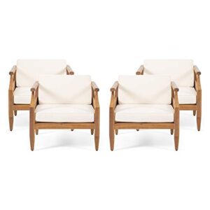 Christopher Knight Home Daisy Outdoor Club Chair with Cushion (Set of 4), Teak Finish, Cream