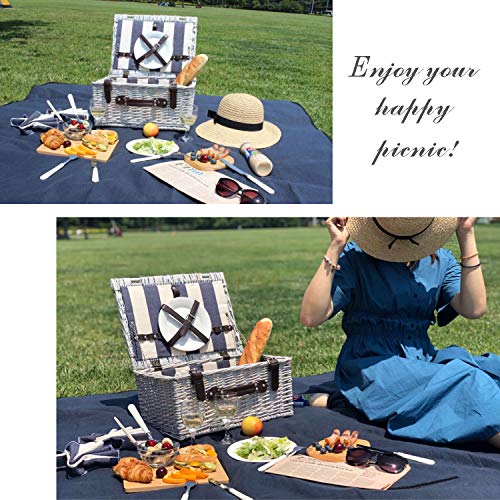 Picnic Basket for 2 Persons with Waterproof Blanket, Durable Wicker Picnic Hamper Set, Willow Picnic Basket Accessories Plates and Utensils, Perfect Wedding, Birthday Gift (Grey Washed)