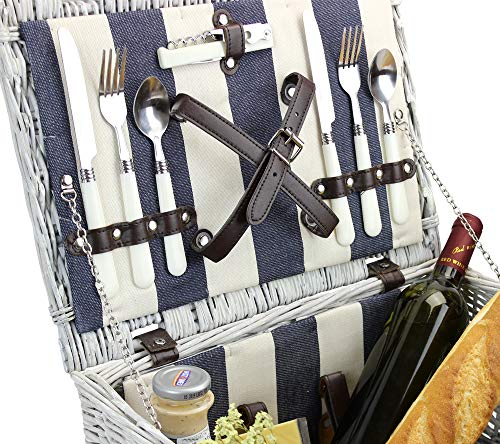 Picnic Basket for 2 Persons with Waterproof Blanket, Durable Wicker Picnic Hamper Set, Willow Picnic Basket Accessories Plates and Utensils, Perfect Wedding, Birthday Gift (Grey Washed)