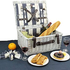 Picnic Basket for 2 Persons with Waterproof Blanket, Durable Wicker Picnic Hamper Set, Willow Picnic Basket Accessories Plates and Utensils, Perfect Wedding, Birthday Gift (Grey Washed)